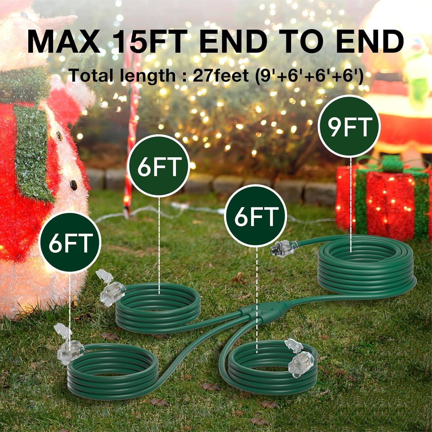 addlon 27FT Outdoor Extension Cord with Multiple Outlets, 1 To 3 ...