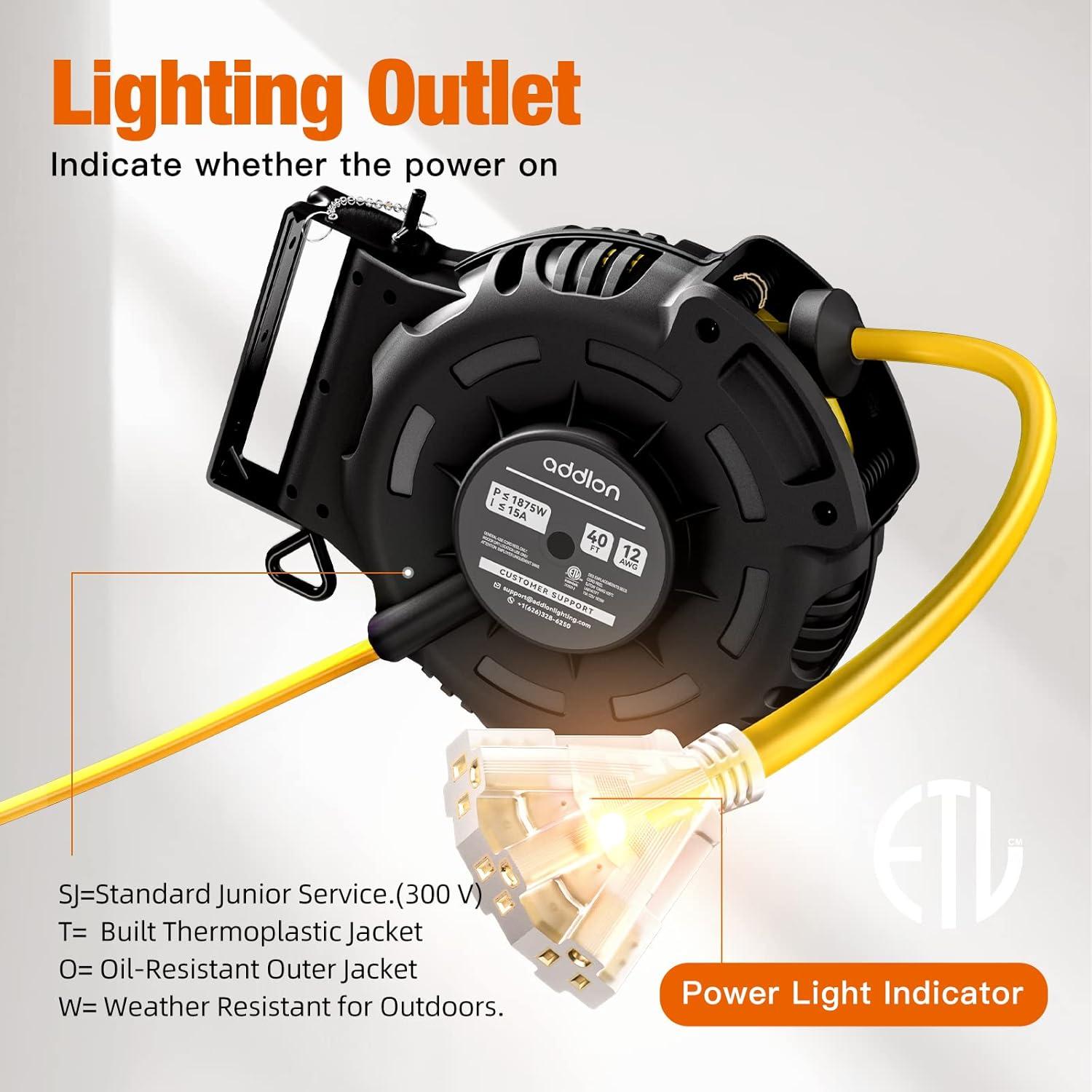 addlon Retractable Extension Cord Reel – 40FT Heavy Duty 12 AWG Power ...