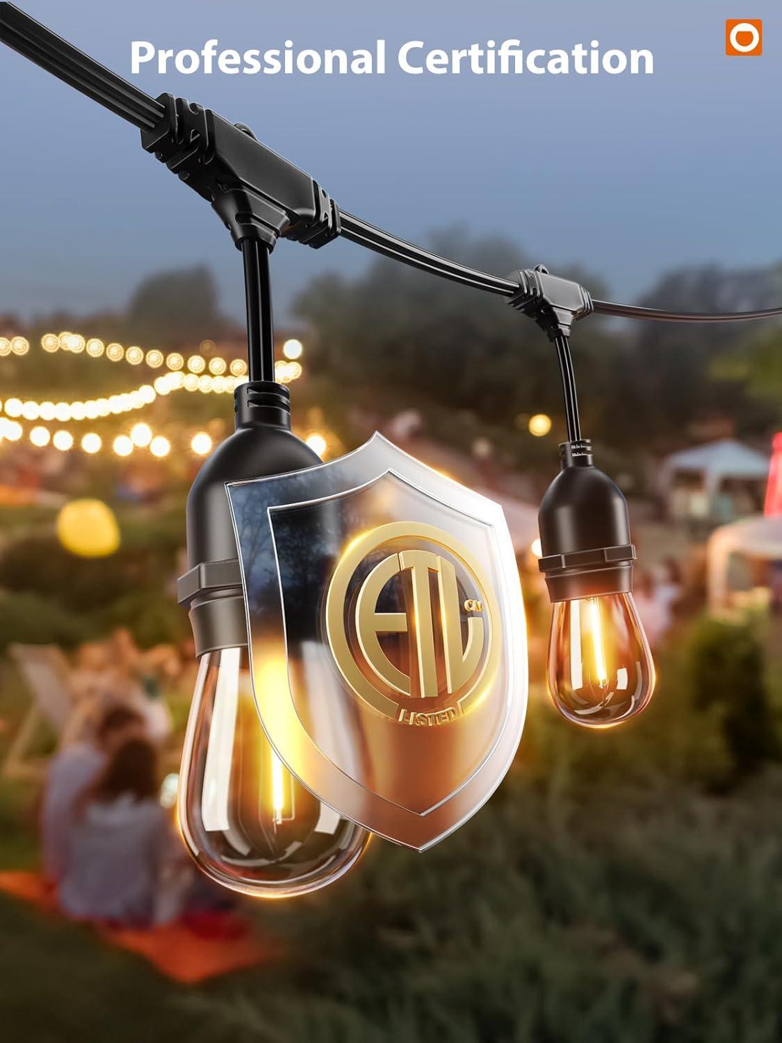 addlon LED Outdoor String Lights 48FT with Edison Vintage Shatterproof ...