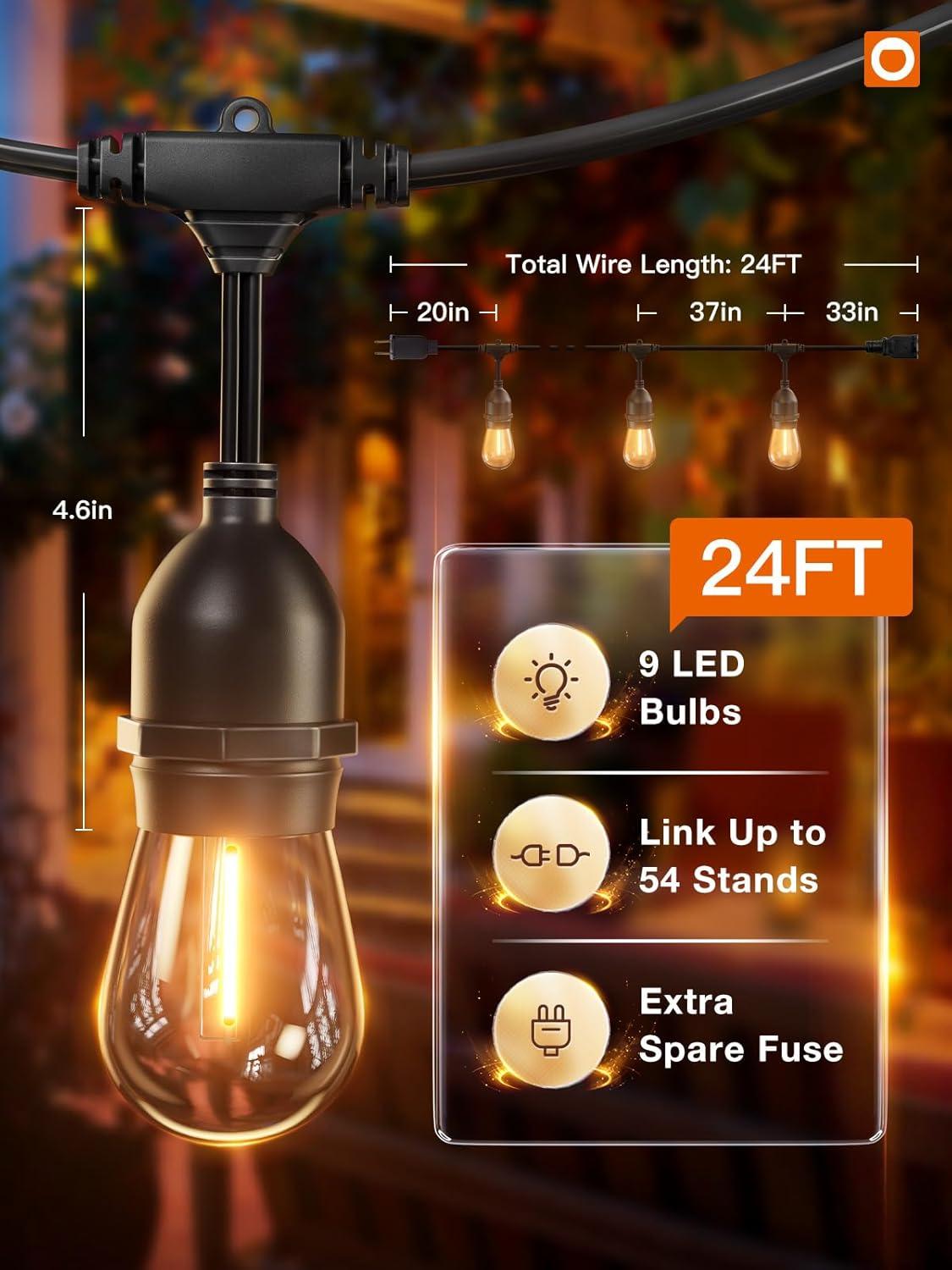 addlon LED Outdoor String Lights 48FT with Edison Vintage Shatterproof ...