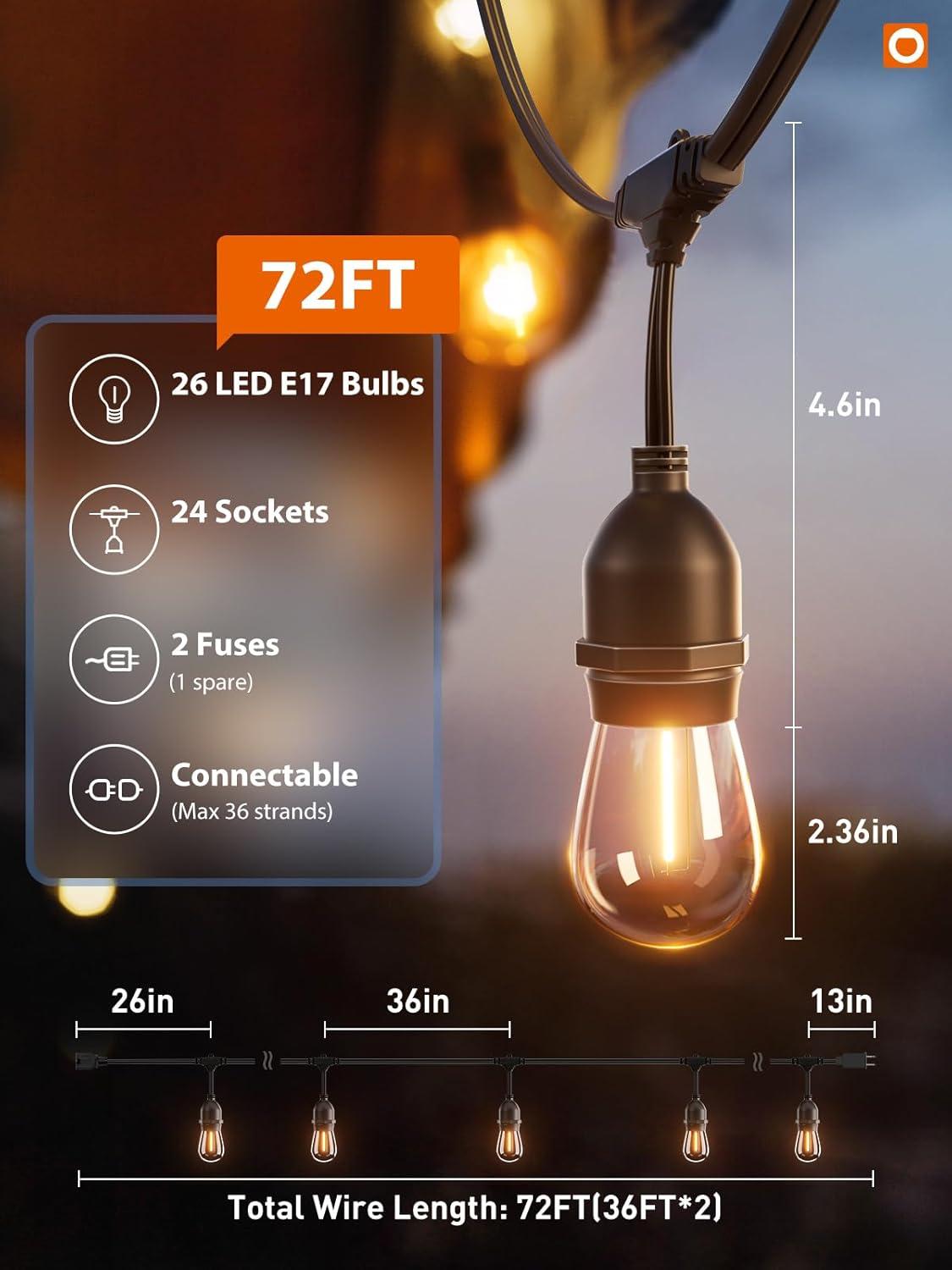 addlon LED Outdoor String Lights 48FT with Edison Vintage Shatterproof ...