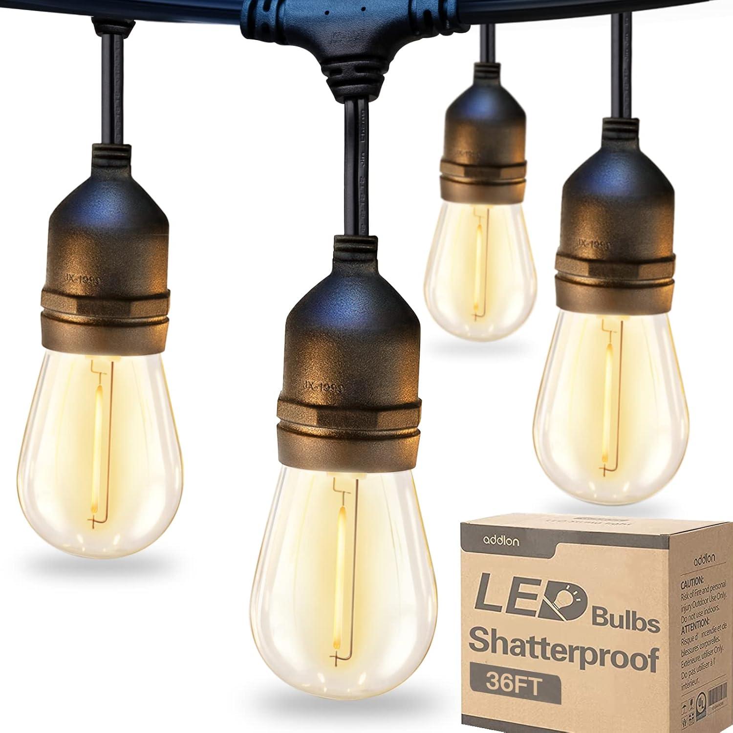 addlon LED Outdoor String Lights 48FT with Edison Vintage Shatterproof ...